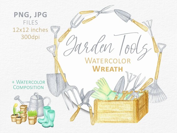 Watercolor Garden Tools Wreath Logo Design Png Clipart | Etsy