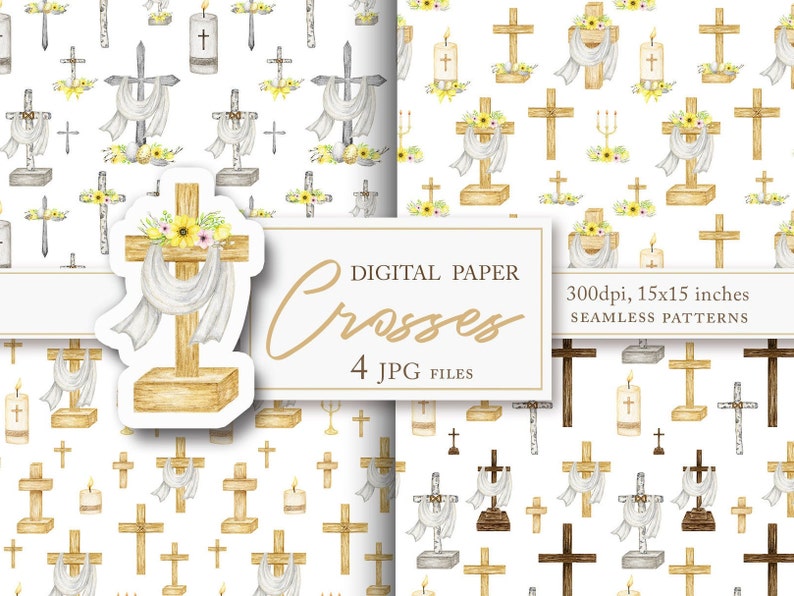 Crosses Digital Paper Pack, Watercolor Religious Seamless Pattern ...