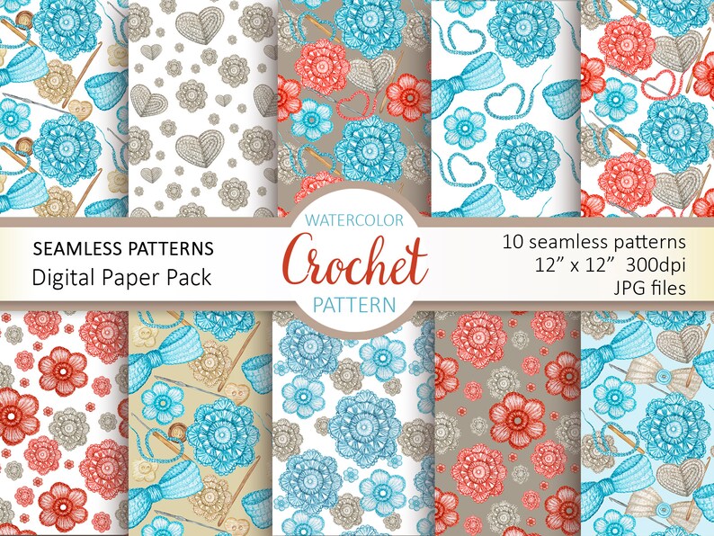 Watercolor Hobby Crocheting Digital Paper Pack, Needlework Crocheted ...