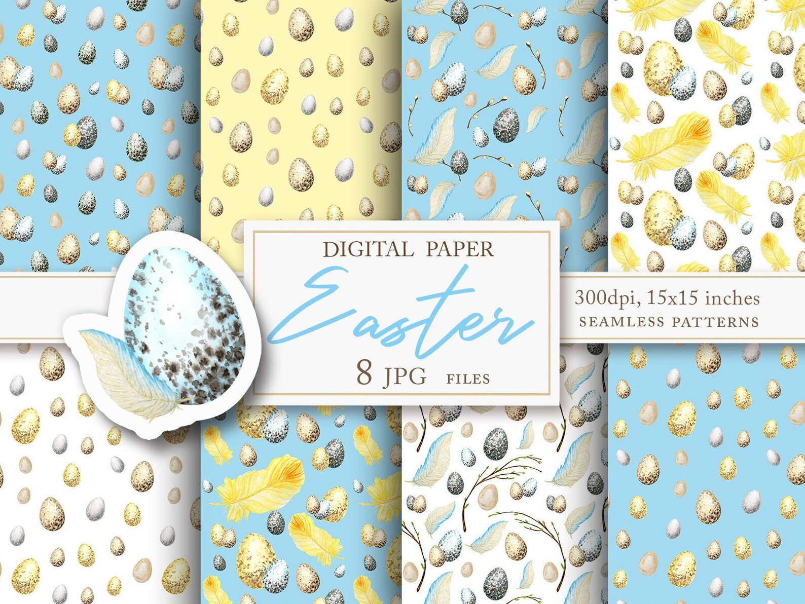 EASTER Eggs Digital Paper Pack, Watercolor Feathers Seamless Pattern ...