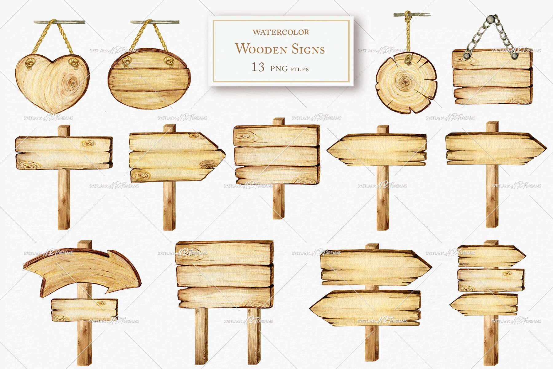 Watercolor Wooden Signs Clipart, Wood Arrow Boards, Rustic Wood Planks ...