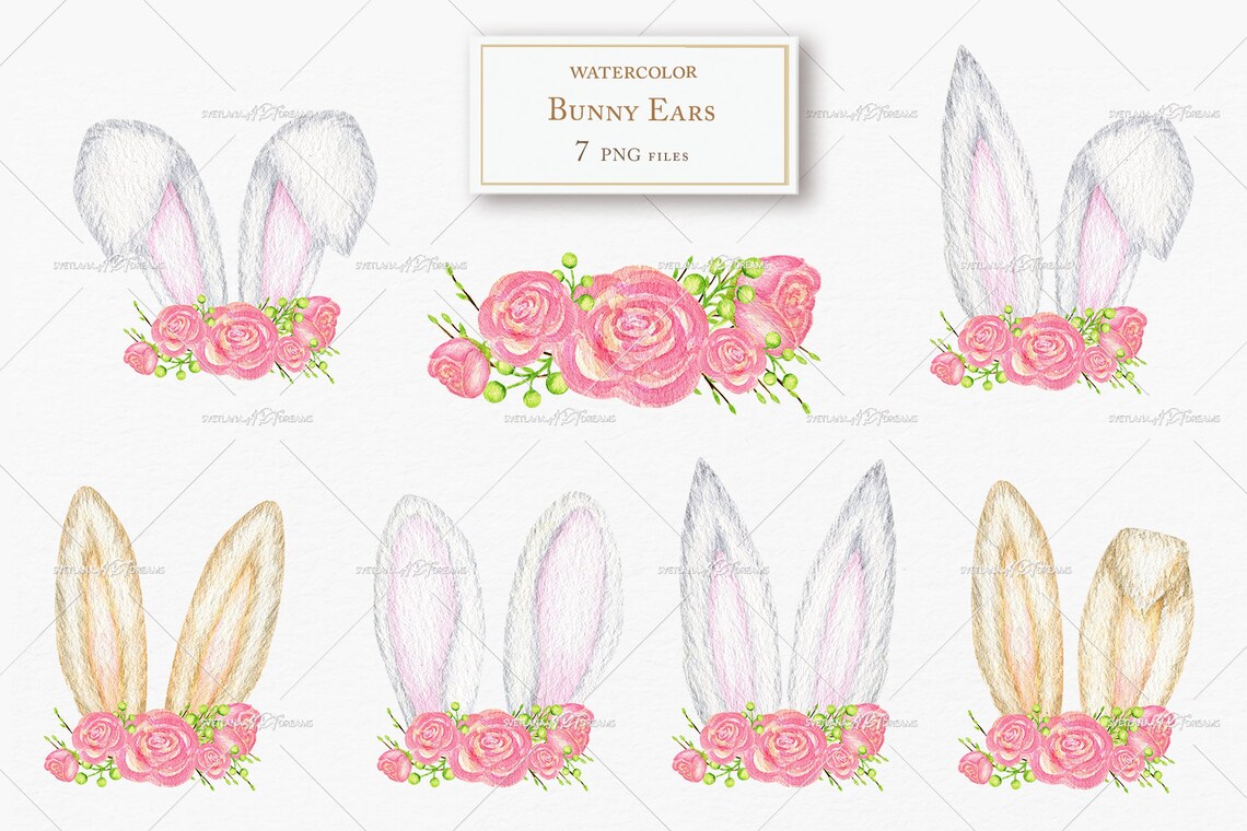 Floral Bunny Ears Easter Clipart, Watercolor Spring Rabbit Ears With ...