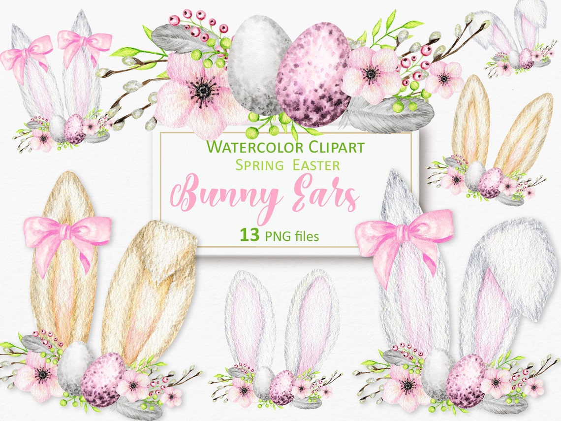 Easter Bunny Ears Clipart, Watercolor Spring Holyday Rabbit Ears With ...