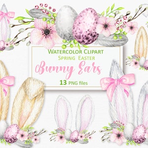 Easter Bunny Ears Clipart, Watercolor Spring Holyday Rabbit Ears With ...