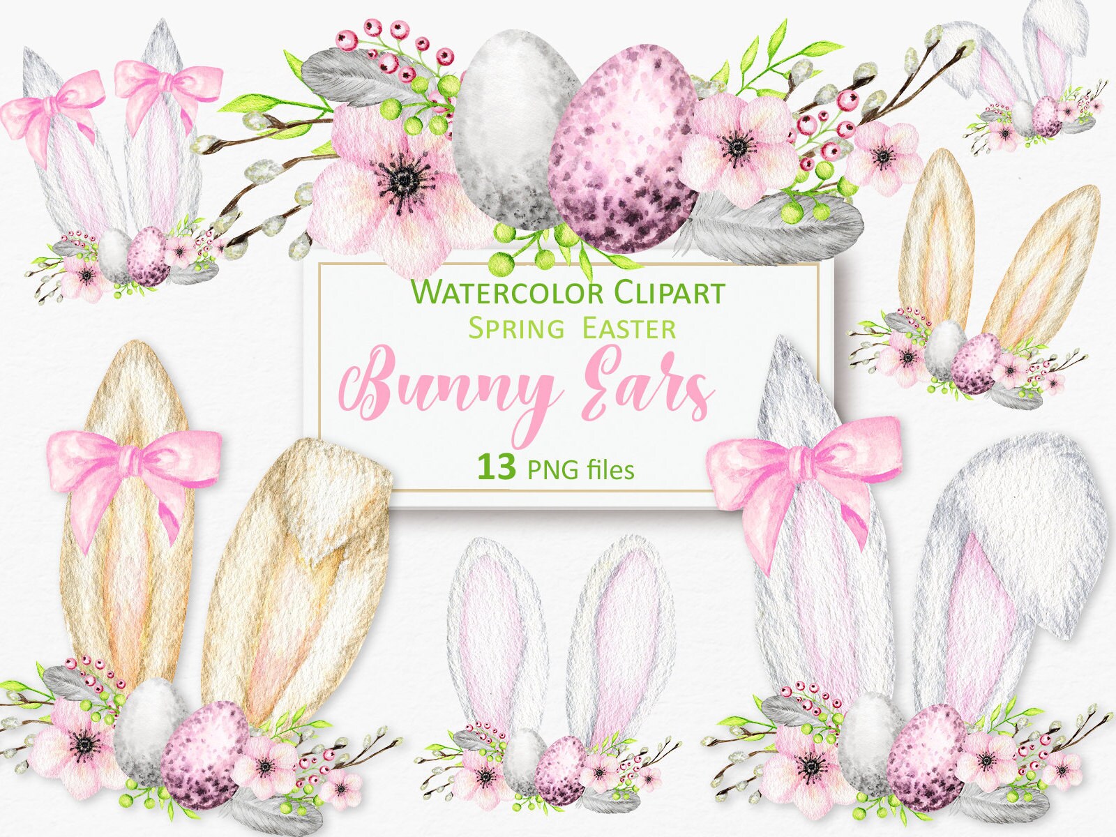 Easter Bunny Ears Clipart, Watercolor Spring Holyday Rabbit Ears With ...