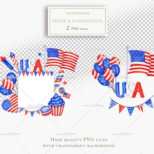 4th of July USA Flags Frame. American Patriotic Watercolor Collection ...