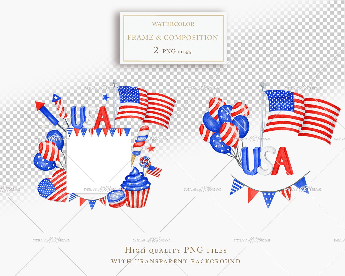 4th of July USA Flags Frame. American Patriotic Watercolor Collection ...