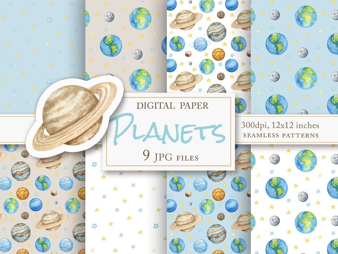 Watercolor Planets Digital Paper Pack, Outer Space Galaxy Seamless ...