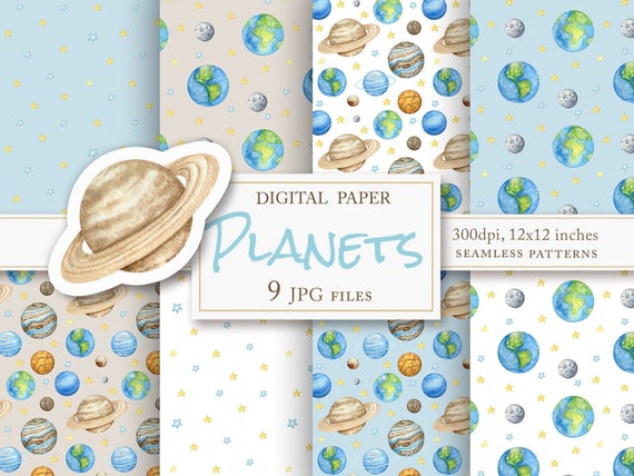 Watercolor Planets Digital Paper Pack Outer Space Galaxy | Etsy