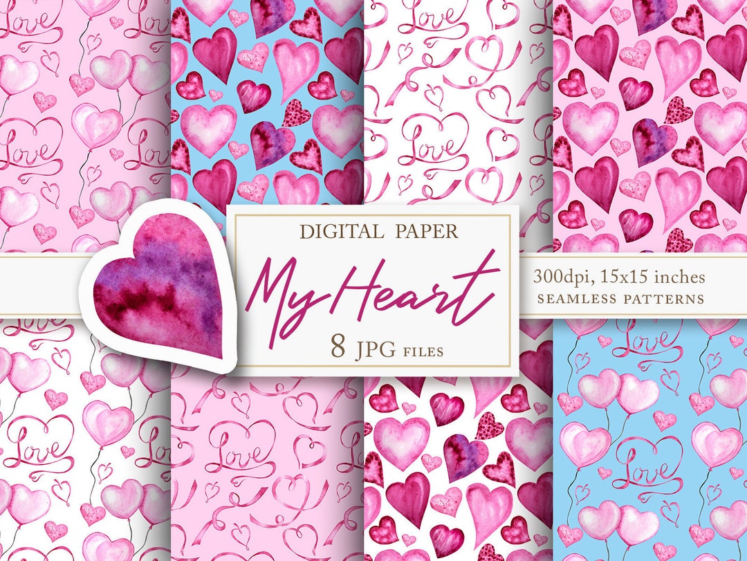 Valentines Day Seamless Patterns, Love Hearts Watercolor Digital Paper ...