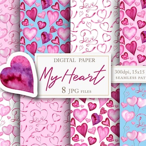 Valentines Day Seamless Patterns, Love Hearts Watercolor Digital Paper ...