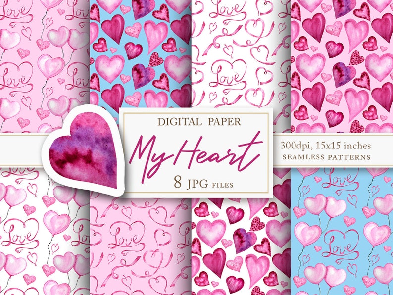 Valentines Day Seamless Patterns, Love Hearts Watercolor Digital Paper ...