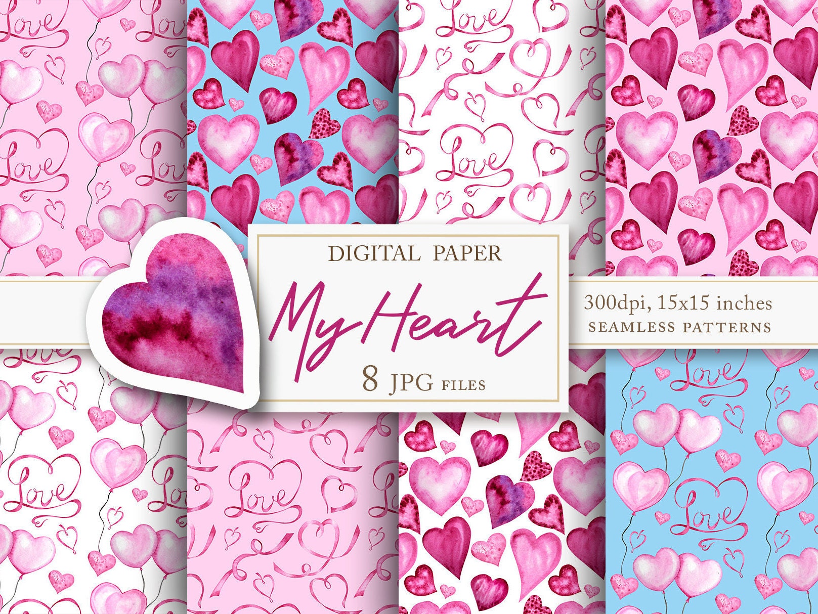 Valentines Day Seamless Patterns, Love Hearts Watercolor Digital Paper ...