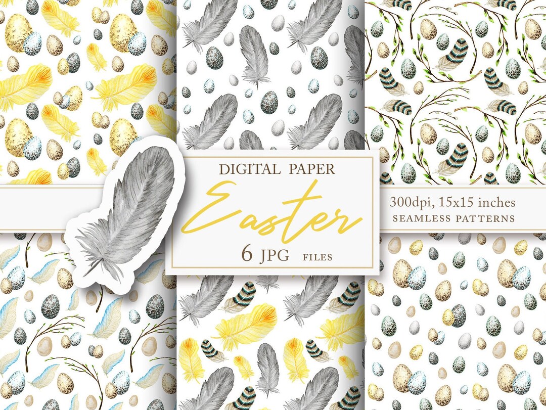 Watercolor Easter Digital Paper: Eggs & Feathers Seamless Pattern ...
