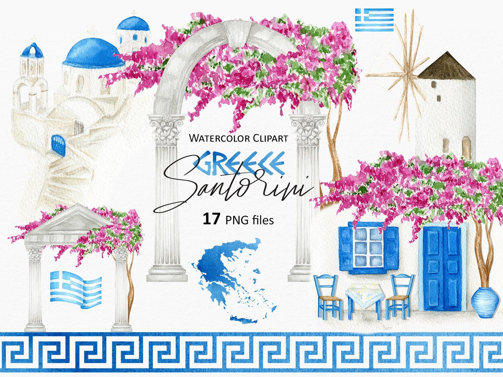 Santorini Greece Watercolor Clipart, Oia Santorini Church, Mill ...