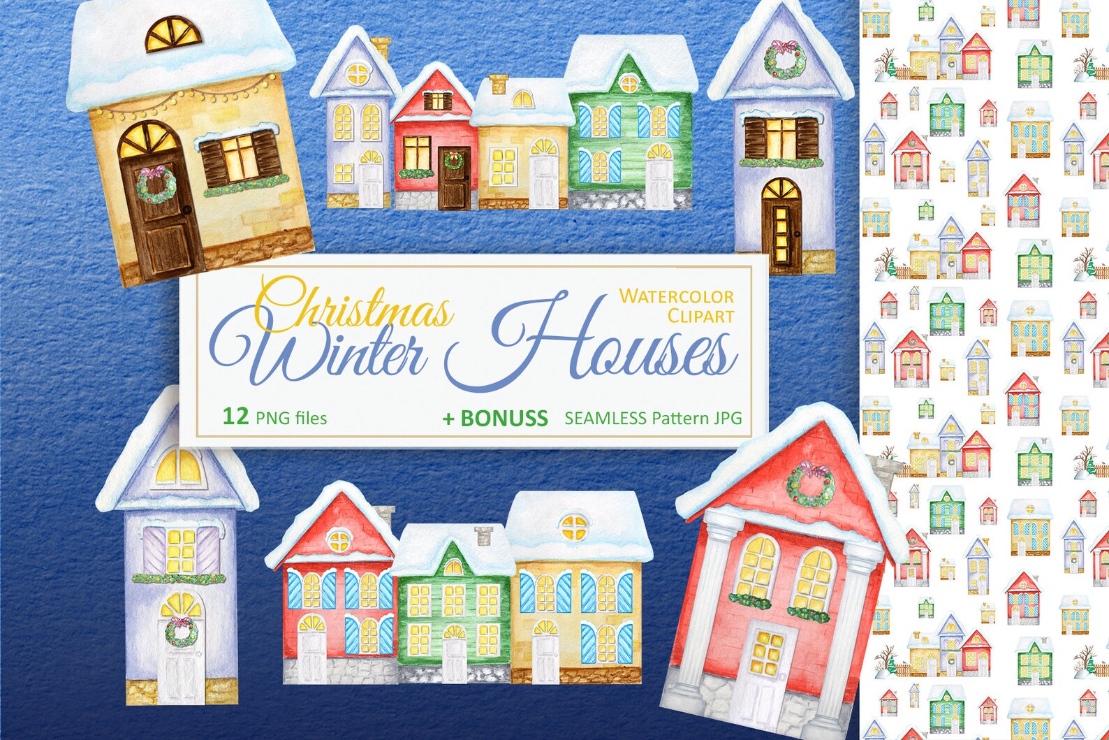 Christmas Winter Village Clipart, Watercolor Kids Houses Digital Paper ...