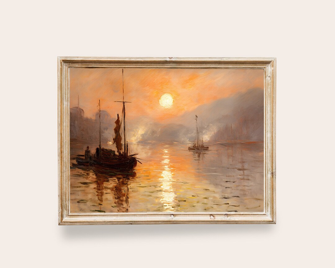 Vintage Sunset Painting, River Boats Landscape Art, Antique Rustic ...
