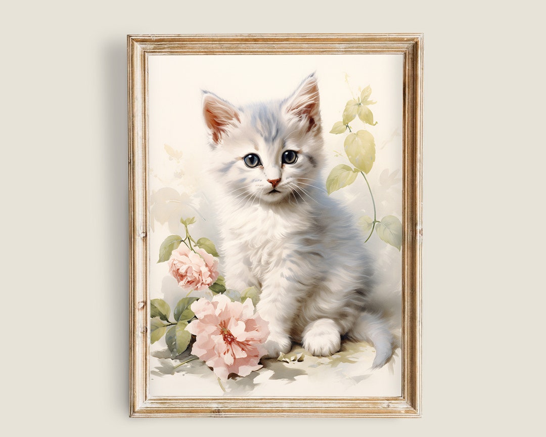 Vintage Cat Prints, Antique Animal Decor, Farmhouse Printable Art, Kitten Painting, Nursery ...