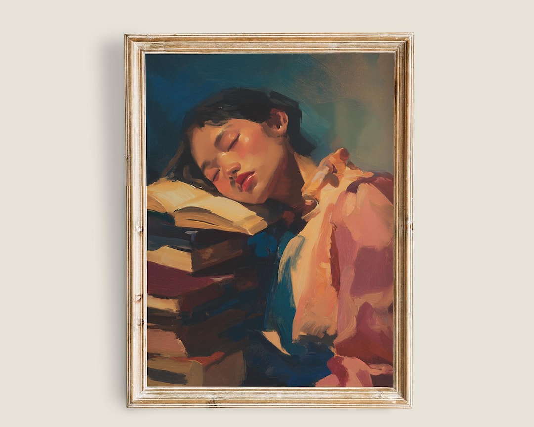 Woman Sleeping Reader Painting Printable – Book Lover Wall Art, Dark ...