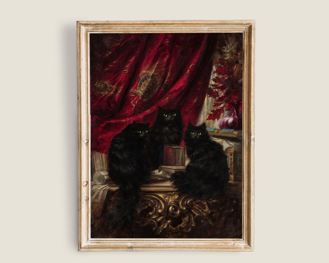 Vintage Black Cats With Red Velvet Tapestry – Printable Gothic Cat Art ...