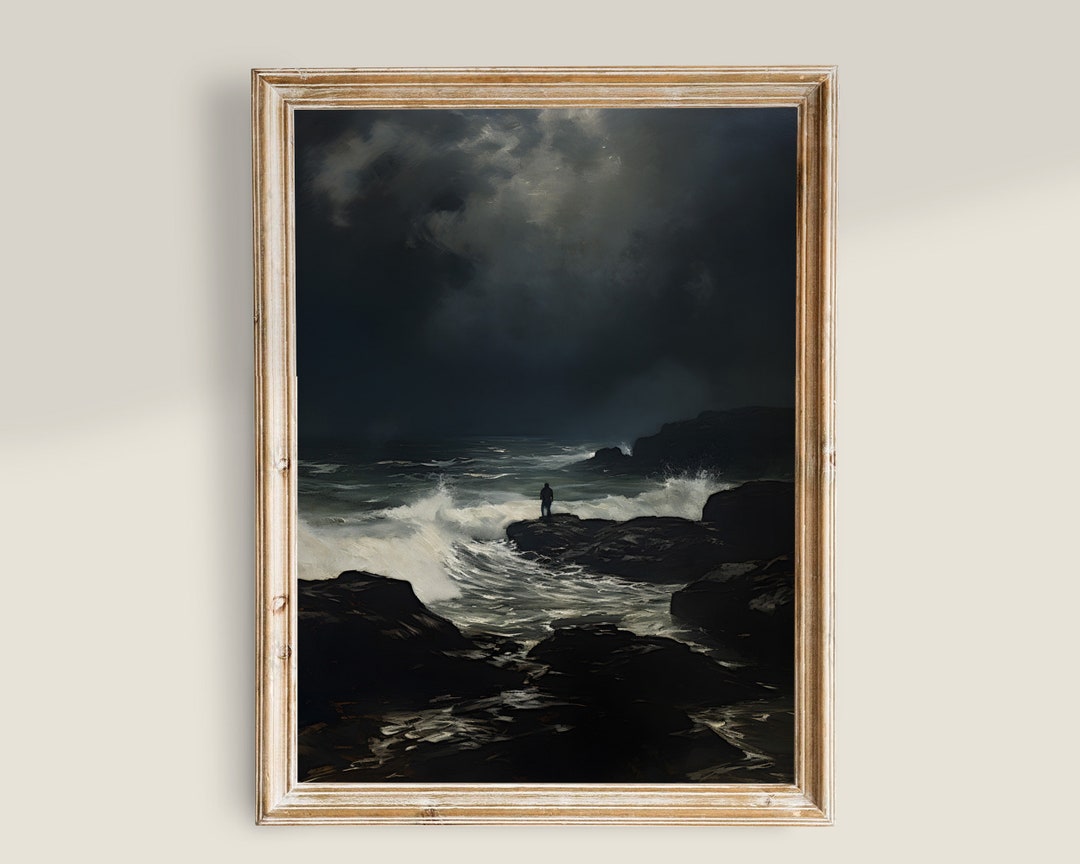 Seascape Vintage Art, Dark Nautical Painting, Moody Ocean Landscape ...