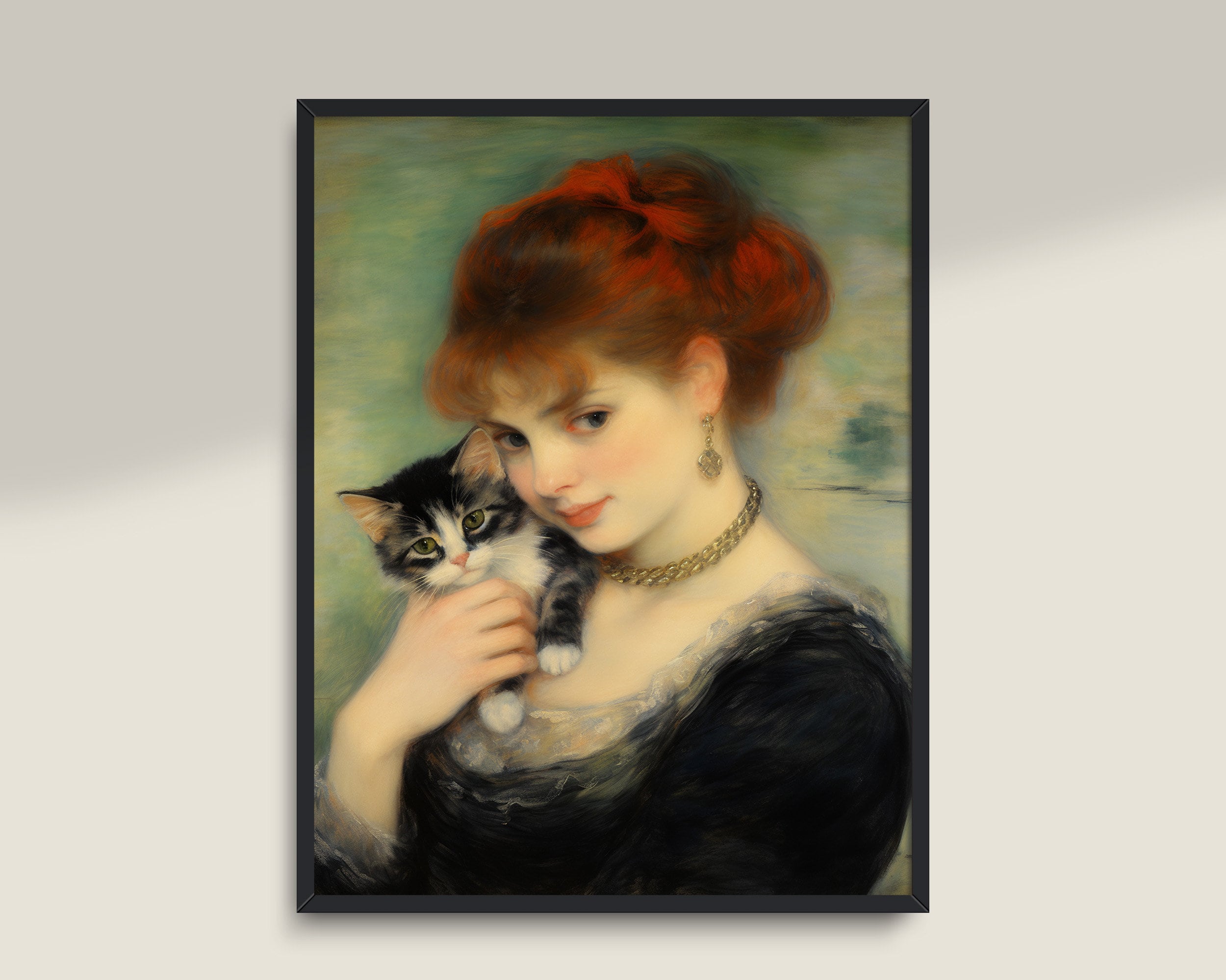 Woman With Cat Painting, Light Academia Decor, Antique Print, Black Cat ...