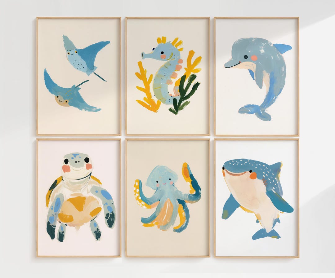 Ocean Nursery Wall Art Bundle – Set of 6 Cute Sea Animal Prints ...