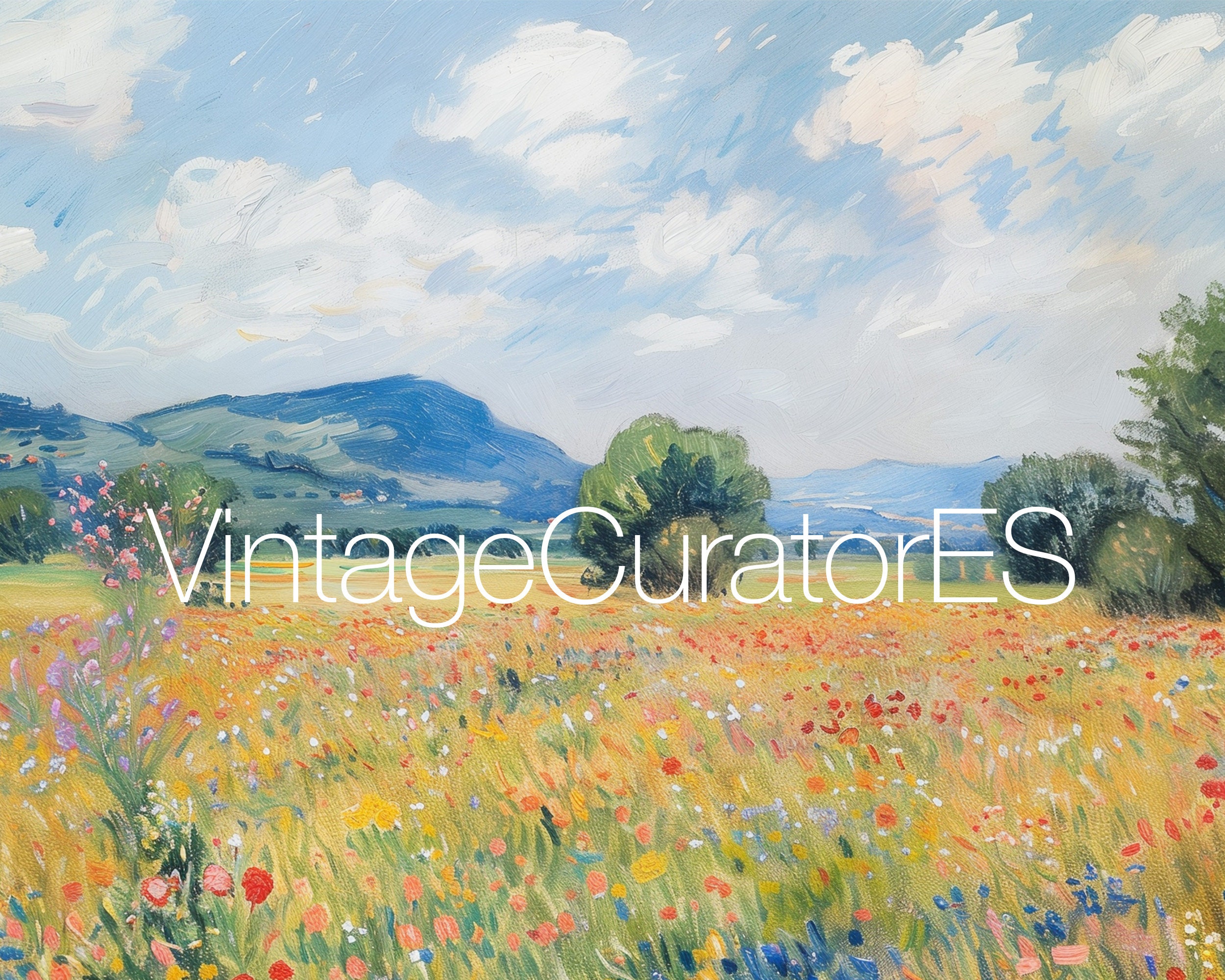 Wildflower Field Vintage Painting, Spring Flowers Landscape Art ...