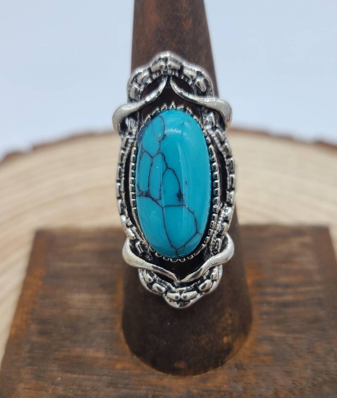 Scrolling Oval Adjustable Turquoise Howlite Ring - Etsy