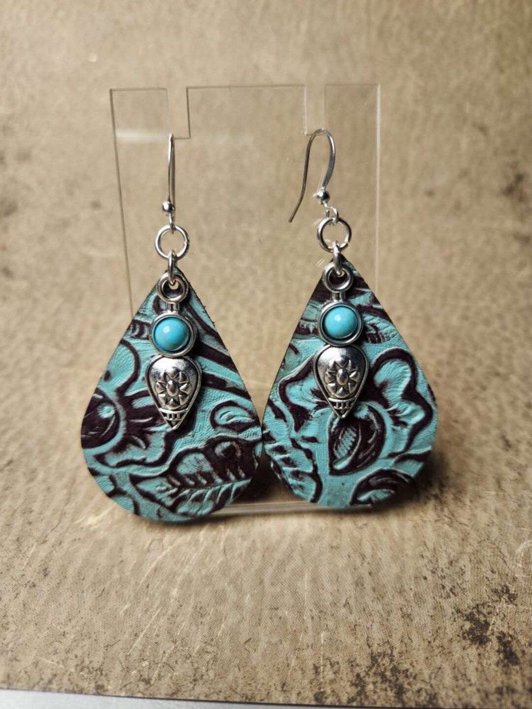 Genuine Tooled Verdigris Leather Teardrop Layered Turquoise Dangle ...