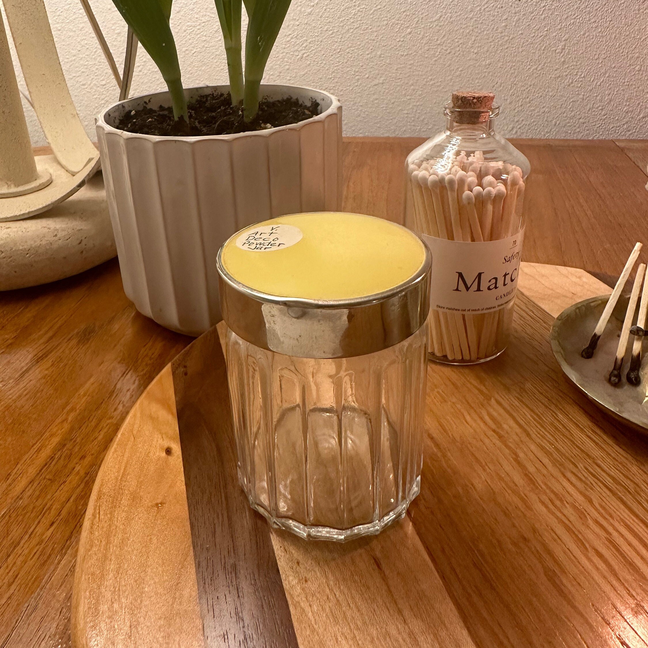VTG Art Deco Fluted Glass Vanity Powder Jar in Butter Yellow Enamel and ...