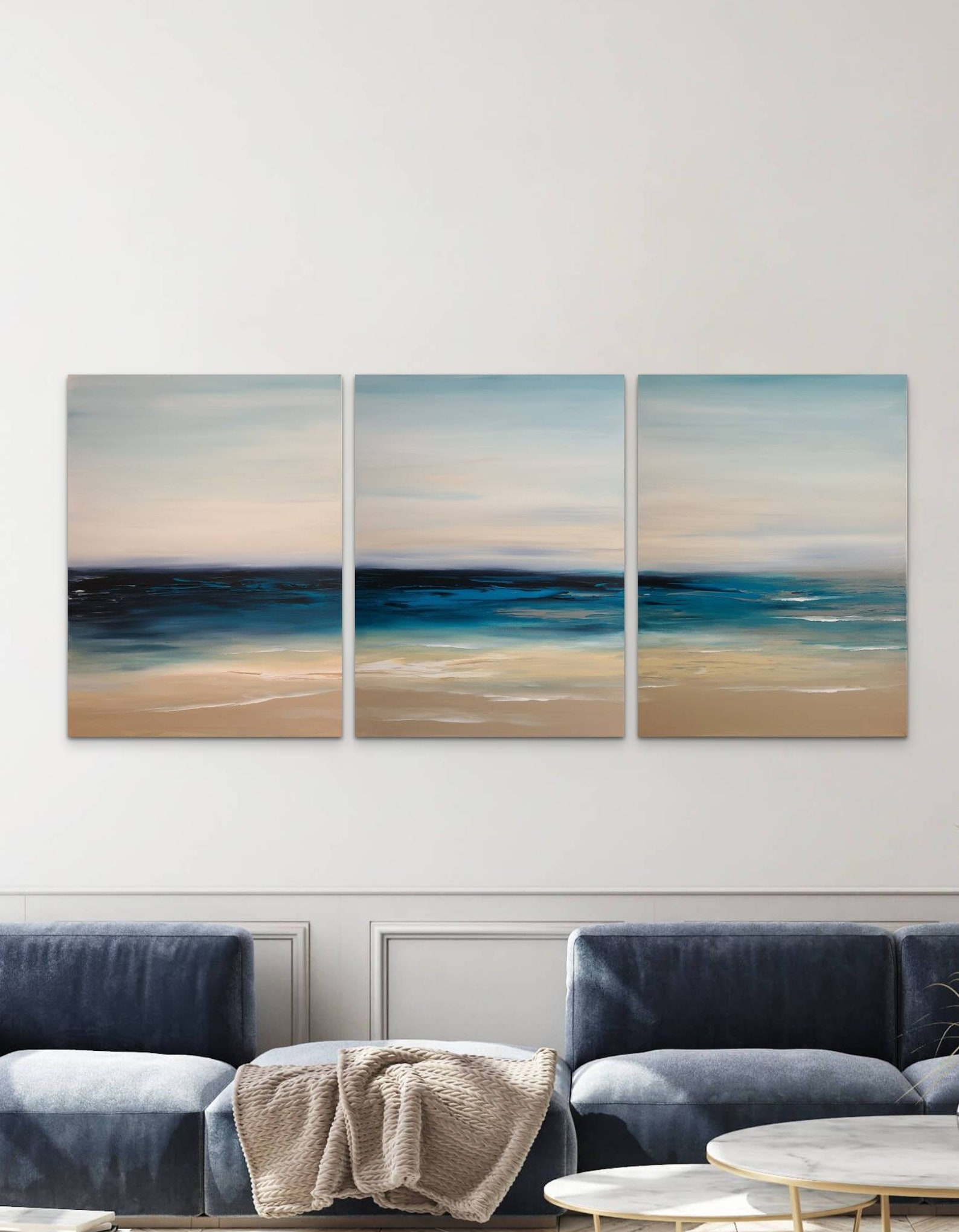 Extra Large Turquoise Set of 3 Paintings, Original Coastal Beach Canvas ...