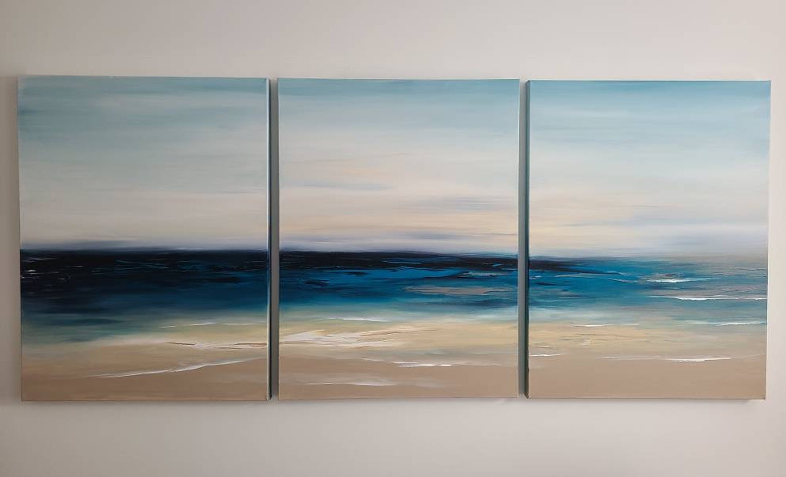 Extra Large Turquoise Set of 3 Paintings, Original Coastal Beach Canvas ...