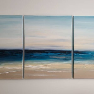 Extra Large Turquoise Set of 3 Paintings, Original Coastal Beach Canvas ...