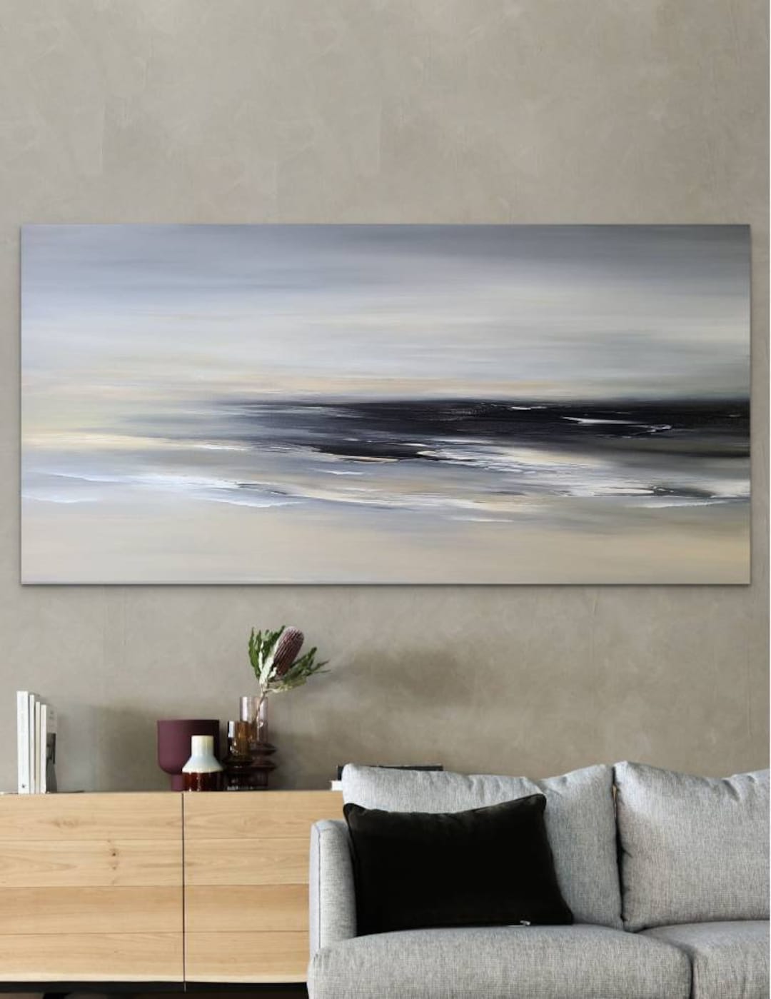 Large Earthy Ocean Art, 24 X 48 Inch Abstract Landscape Painting ...