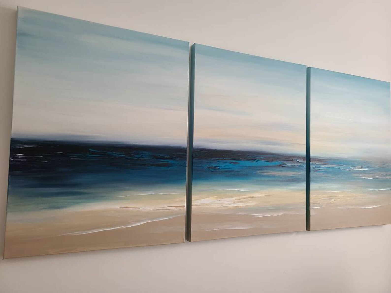 Extra Large Turquoise Set of 3 Paintings, Original Coastal Beach Canvas ...