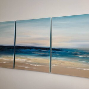 Extra Large Turquoise Set of 3 Paintings, Original Coastal Beach Canvas ...