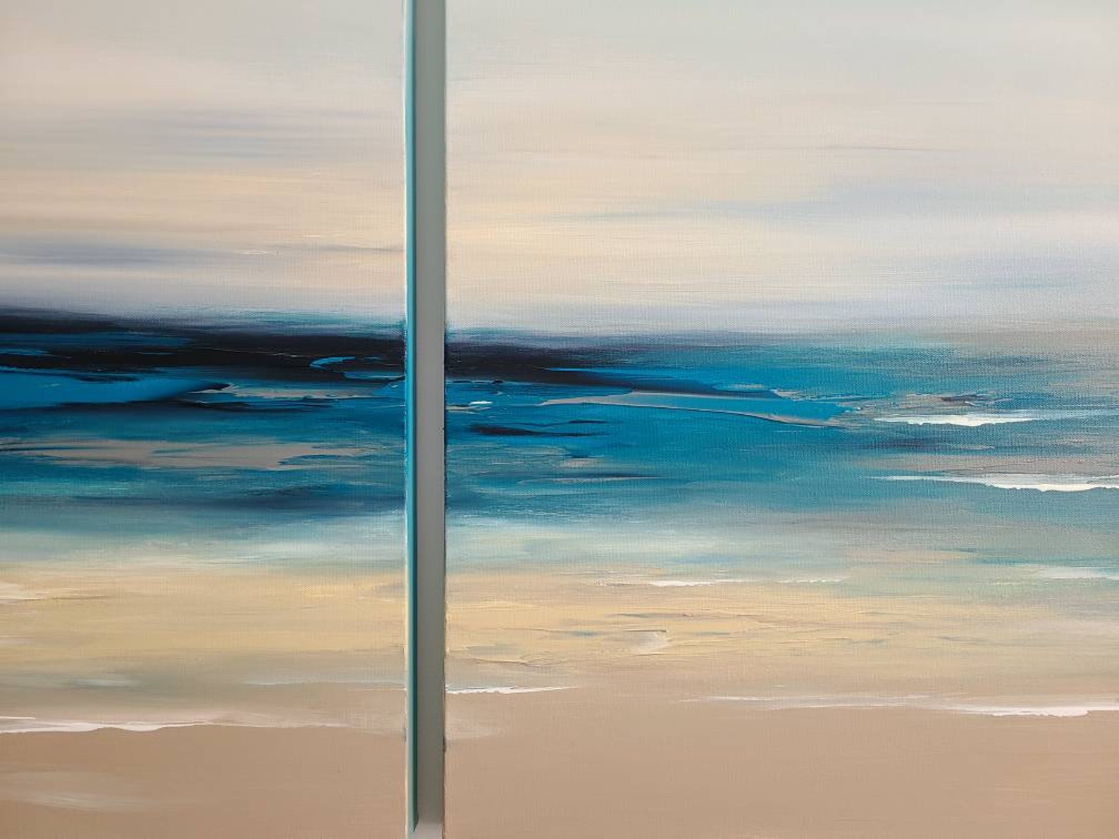 Extra Large Turquoise Set of 3 Paintings, Original Coastal Beach Canvas ...