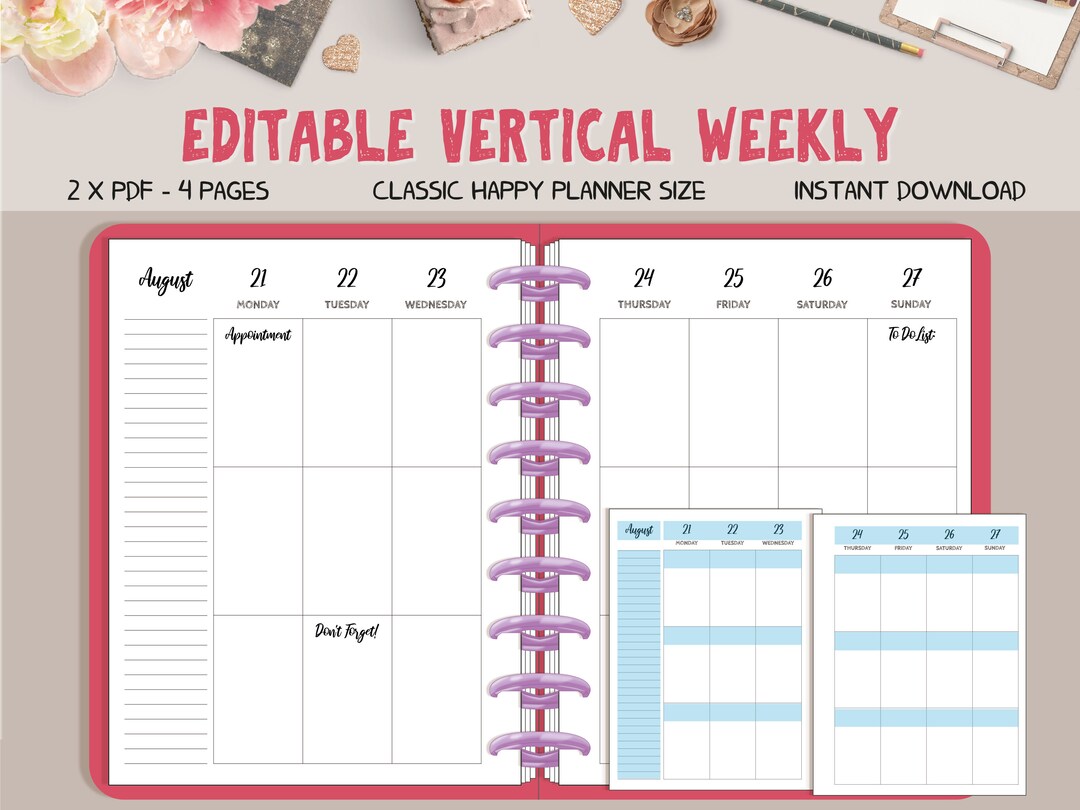 Editable Vertical Weekly Planner Printable, Classic Planner Inserts - Etsy