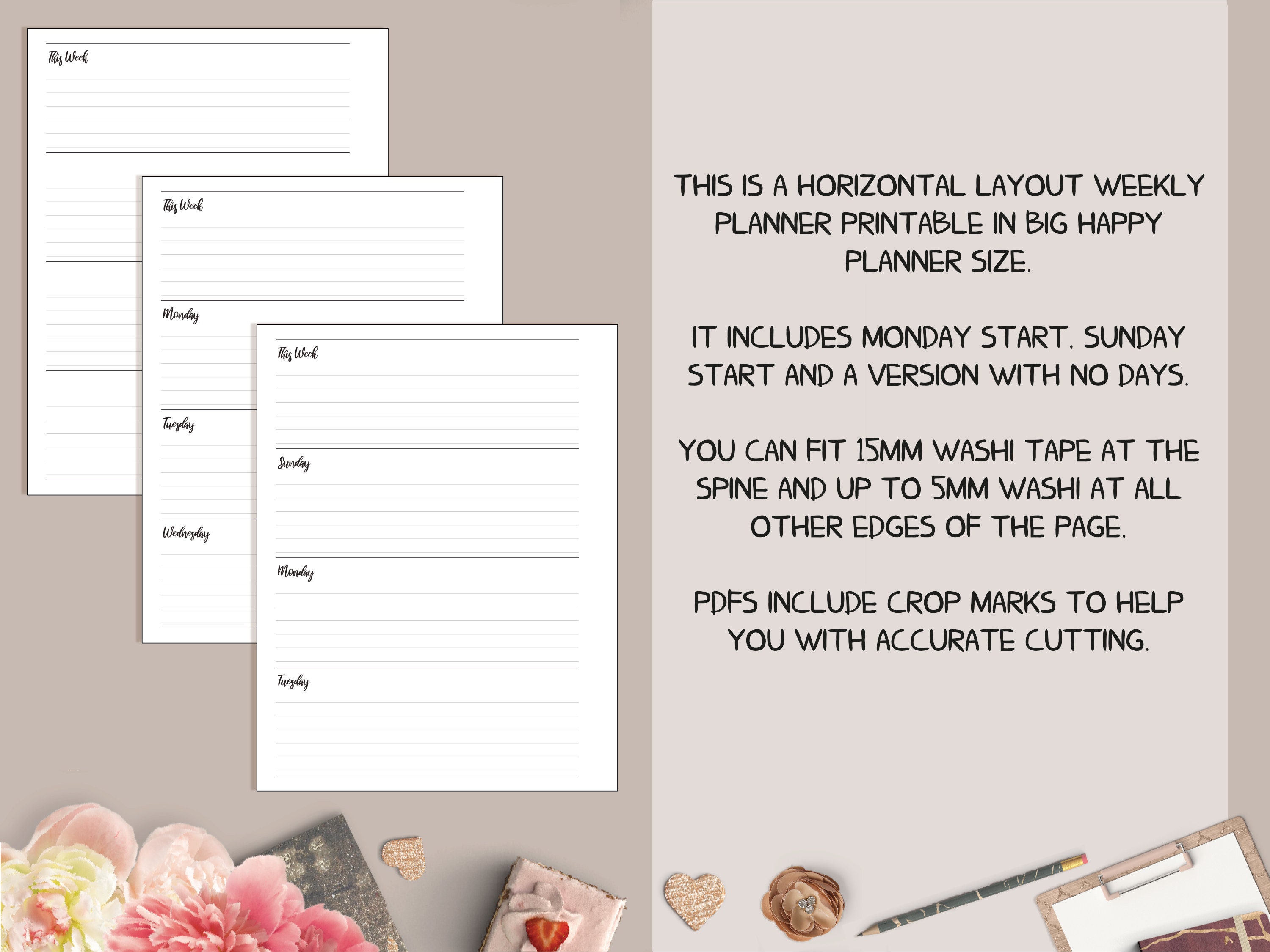 Horizontal Layout Weekly Planner Printable Big Planner | Etsy