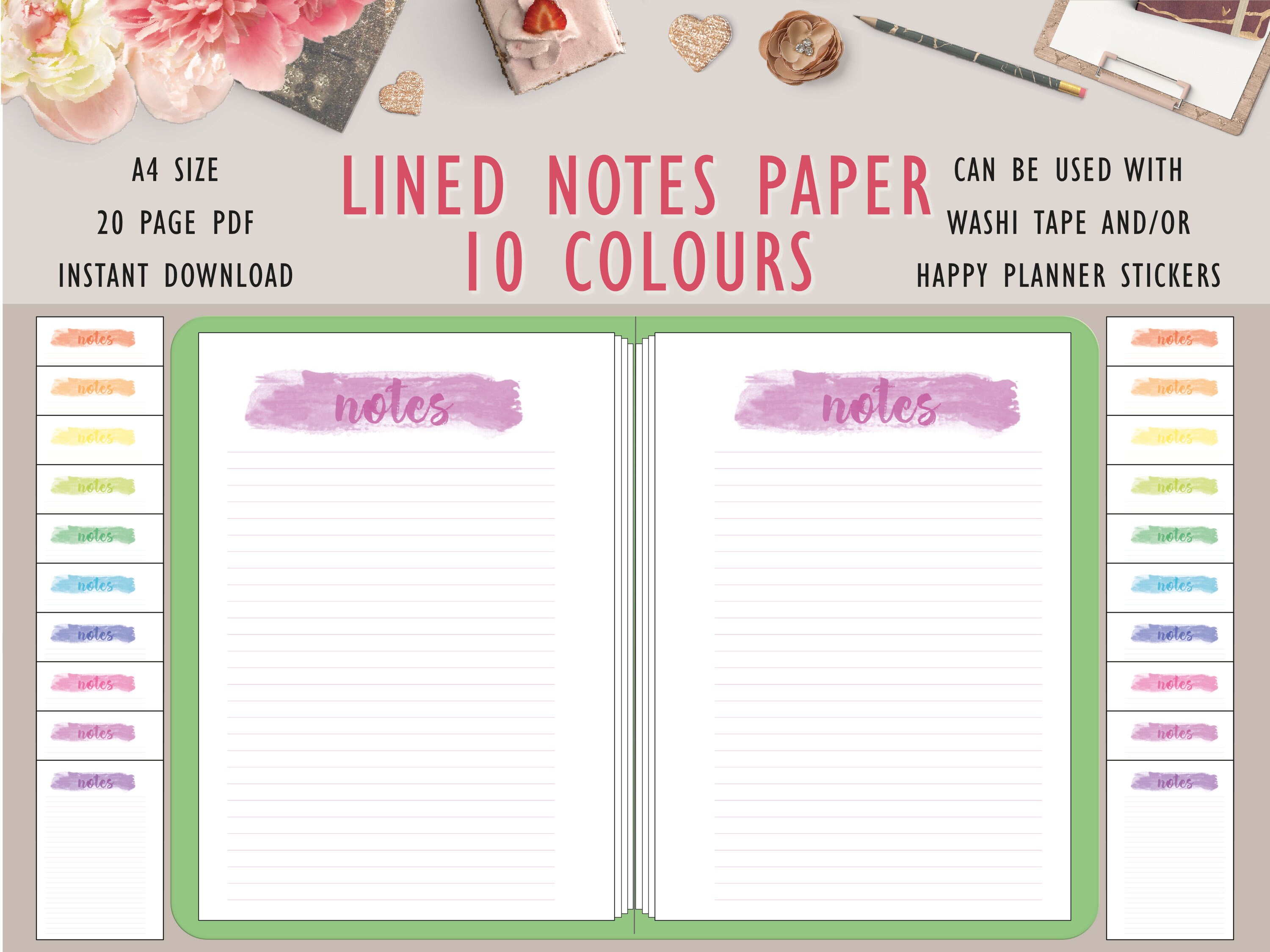 Lined Paper Printable, A4 Planner Printable in Rainbow Colours - Etsy