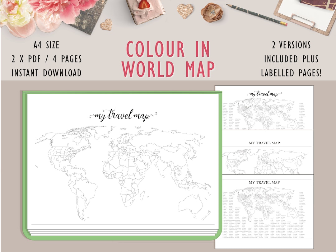 World Travel Map Tracker, A4 Size Printable - Etsy