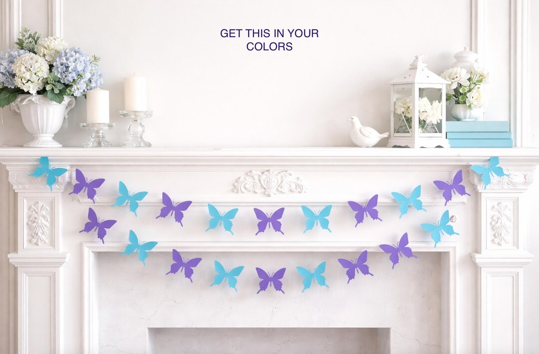 Butterfly Garland, Purple and Blue Butterfly Banner • Spring Mantel ...