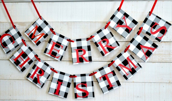 Buffalo Plaid black and white Merry Christmas Banner, Plaid banner ...