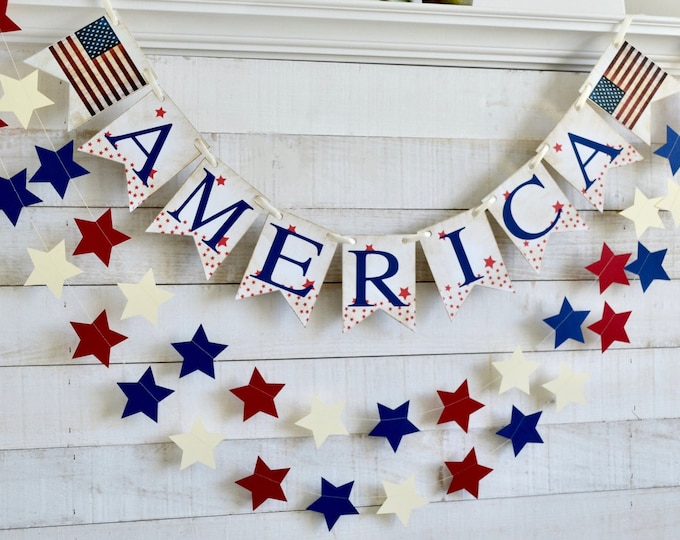 Patriotic America Banner, Rustic Red White Blue 4th of July Banner ...