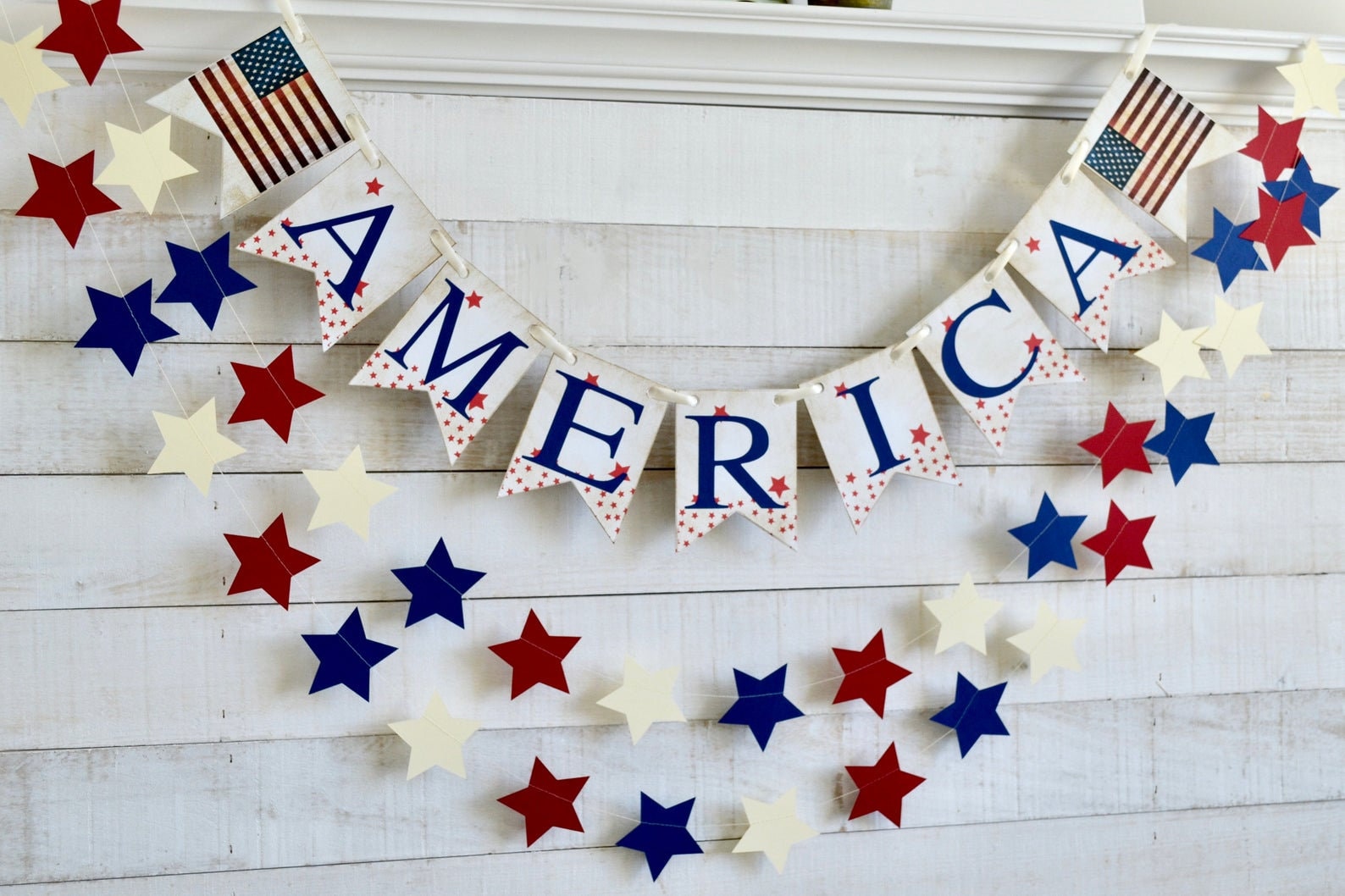 Patriotic America Banner Rustic Red White Blue 4th of July | Etsy