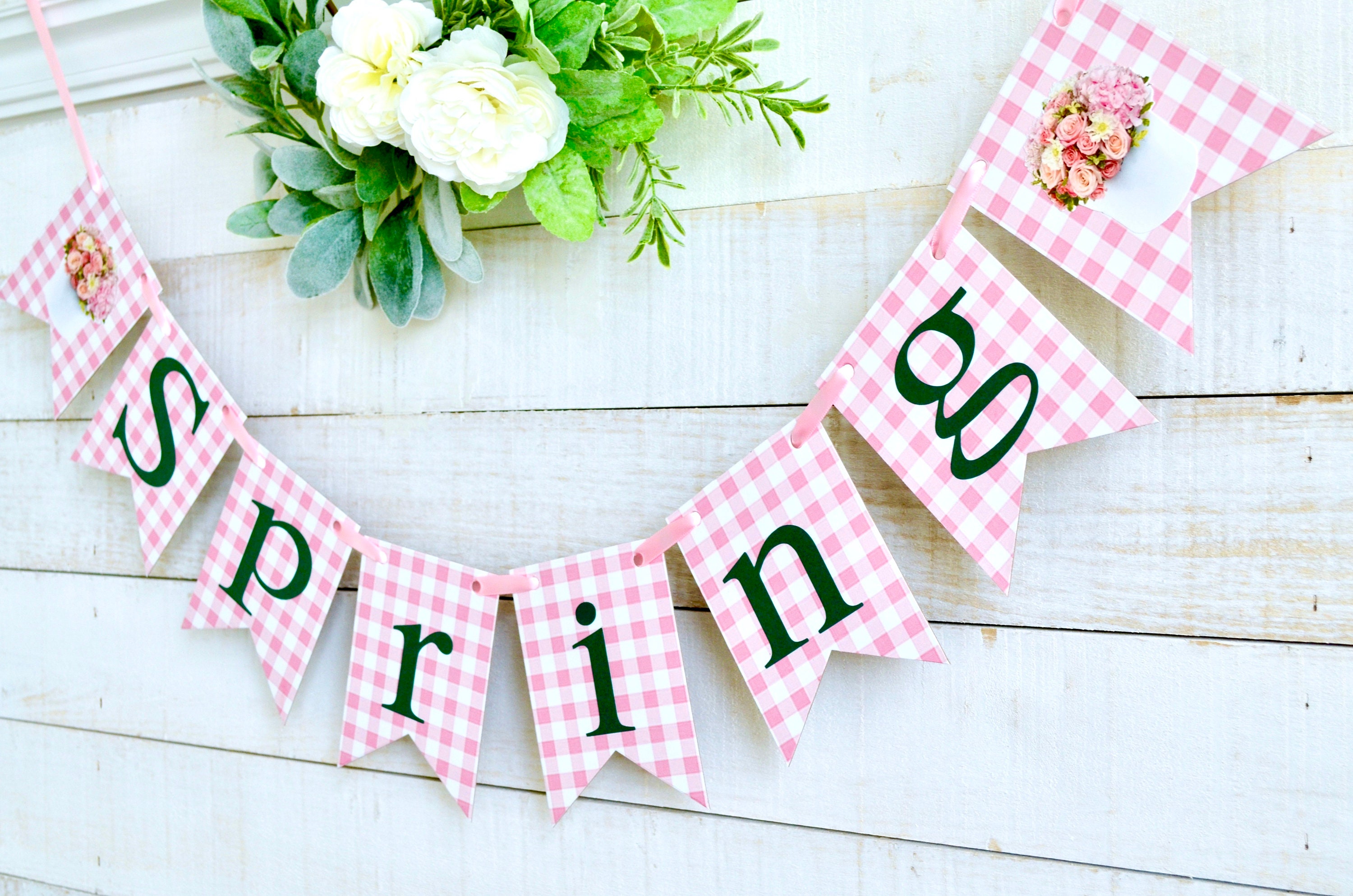 Spring Banner Spring Garland Pink Gingham Spring Sign - Etsy