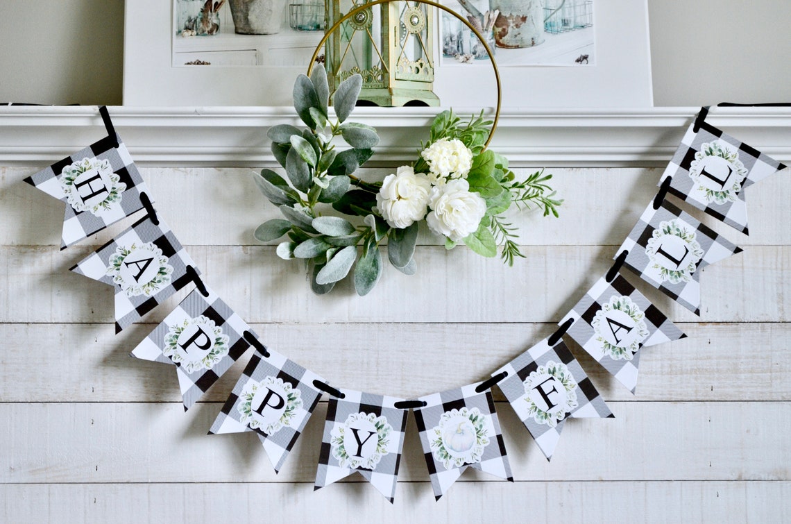 Happy Fall Banner Black and White Flannel Fall Banner Rustic - Etsy