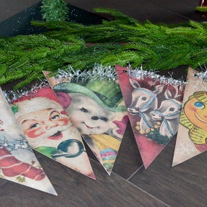 Retro Vintage Style Christmas Banner, Vintage Santa, Snowman, Reindeer ...