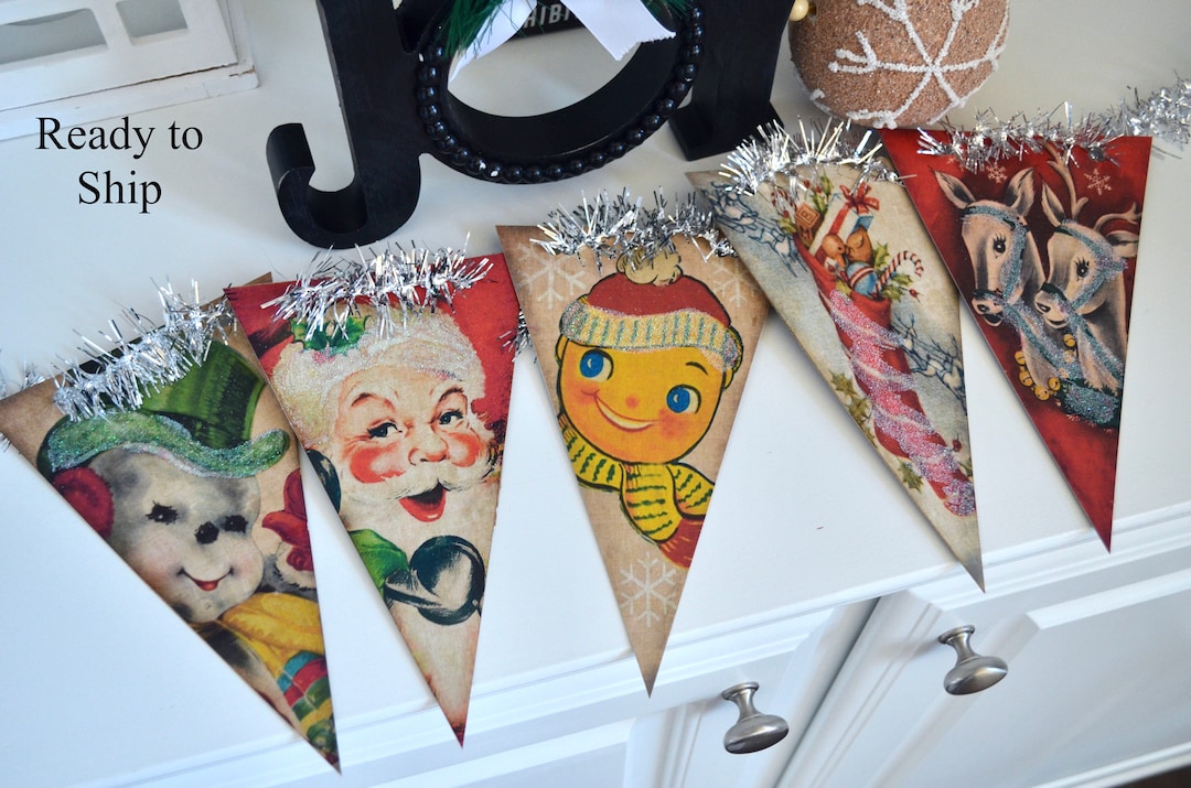Retro Vintage Style Christmas Banner, Vintage Santa, Snowman, Reindeer ...